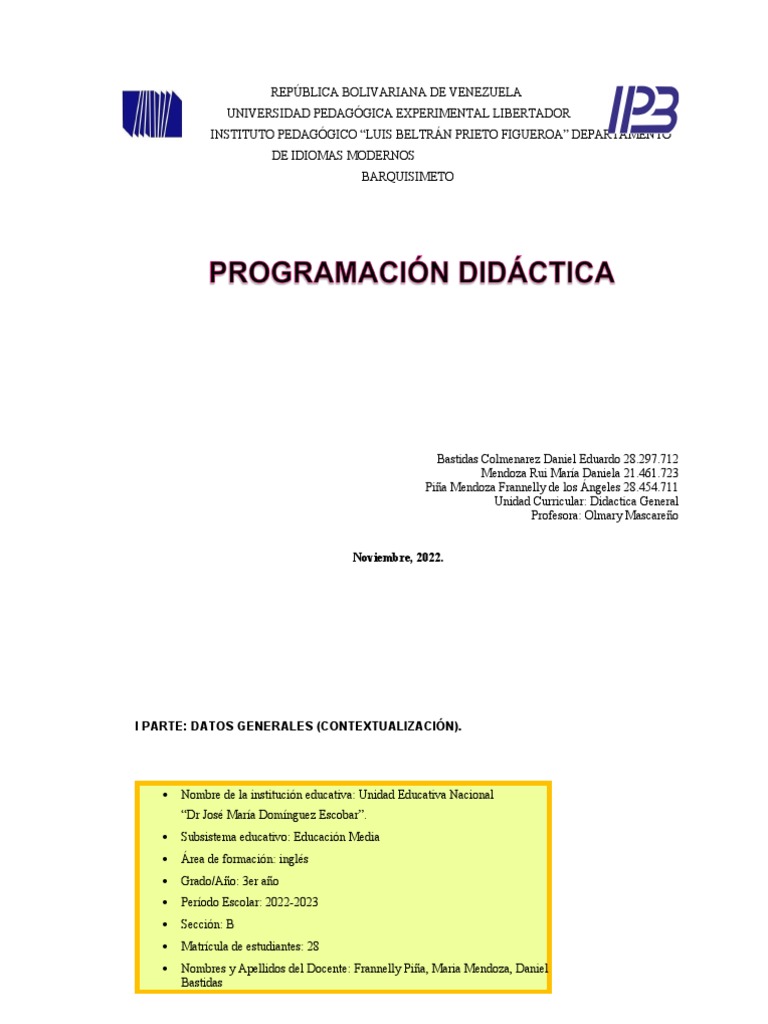 Programacion Didactica Profesora Olmary | PDF