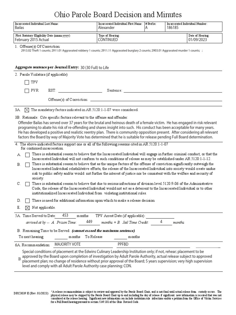 Bailas Parole Hearing Recommendation | PDF