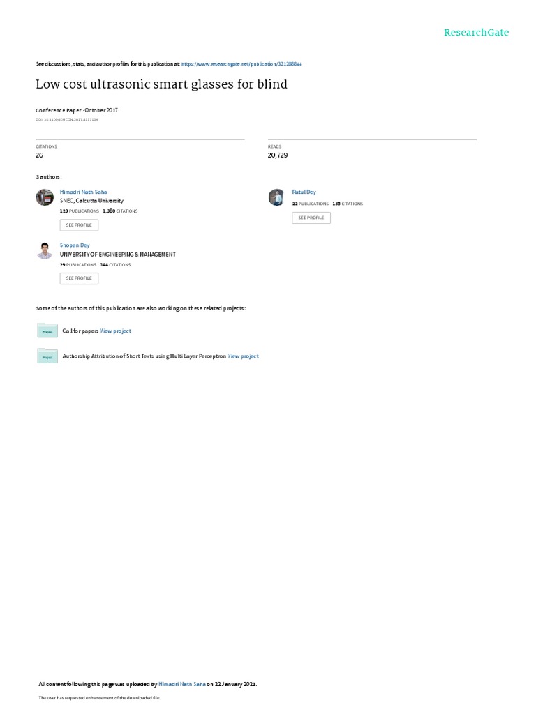 Low Cost Ultrasonic Smart Glasses For Blind: October 2017 | PDF ...