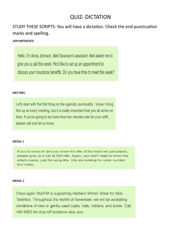 Dictation Quiz: Scripts Study Guide | PDF | Language Arts & Discipline