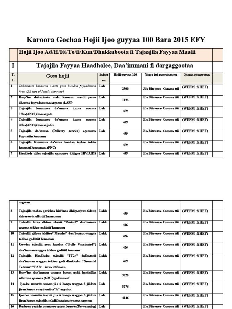 Karoora Gochaa Hojii Ijoo Guyyaa 100 Bara 2015 EFY: I Tajajila Fayyaa Haadholee, Daa'immani Fi ...