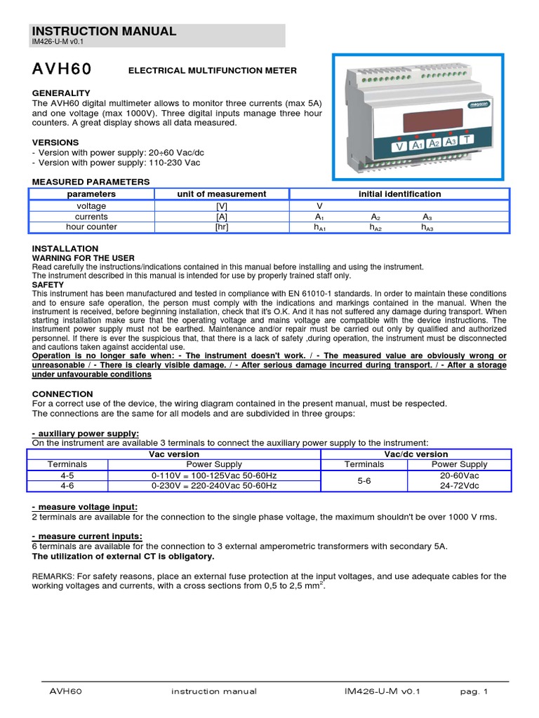 Monitoring Electrical Parameters: An Instruction Manual for the AVH60 Multifunction Meter | PDF ...