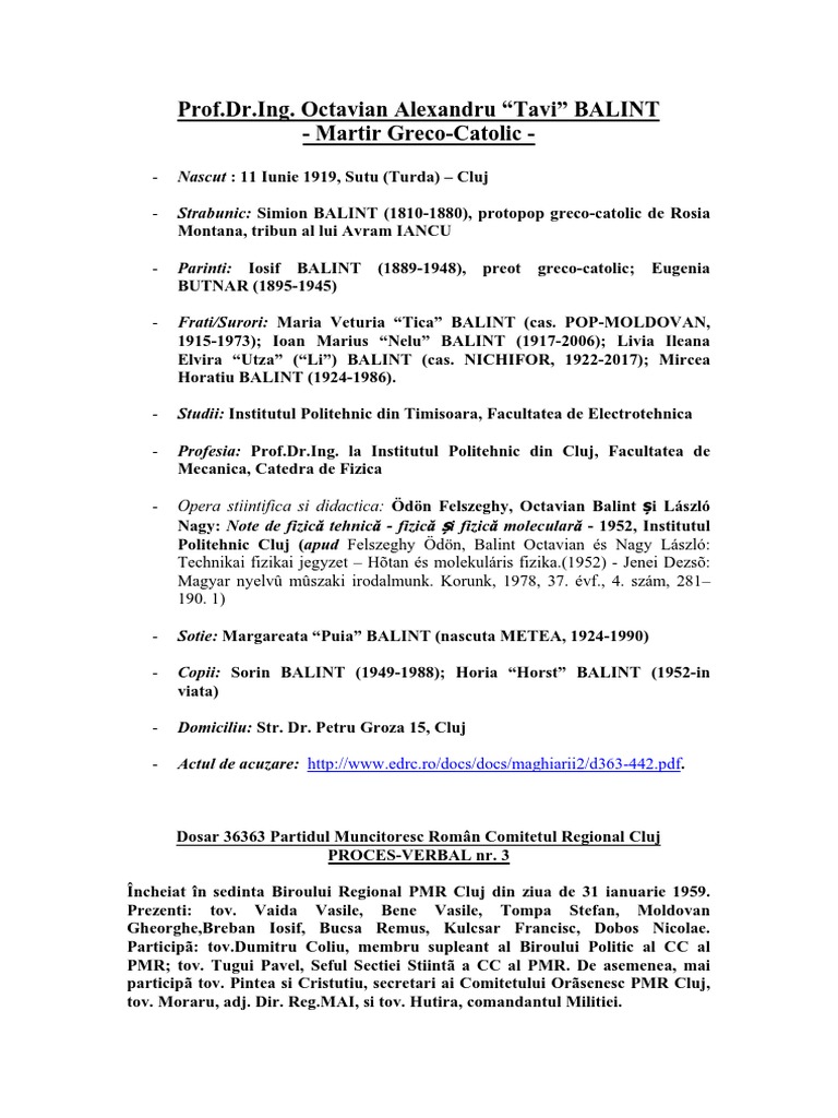 Prof. Dr. Ing. Octavian Balint - Martir Anticomunist Greco-Catolic | PDF