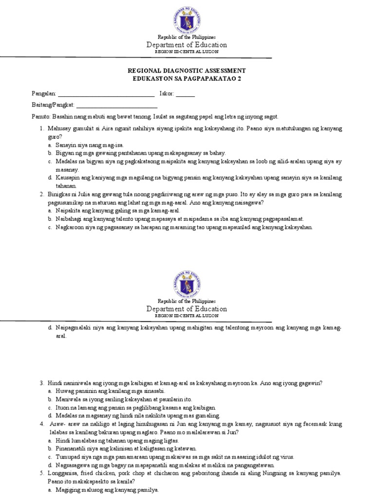 Diagnostic Assessment EsP Grade 2 LANDSCAPE | PDF