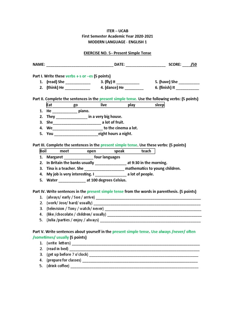 EXERCISE NO 5 Present Simple Tense | PDF | Grammatical Tense | Syntax