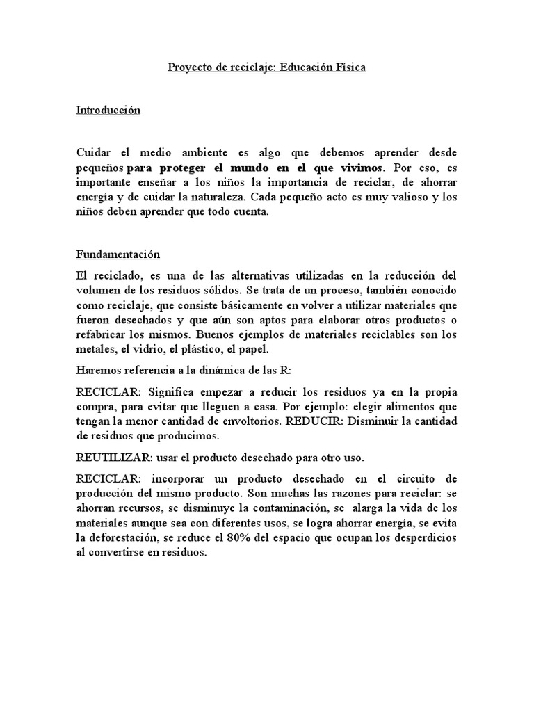 Proyecto De Reciclaje Pdf Reciclaje Residuos