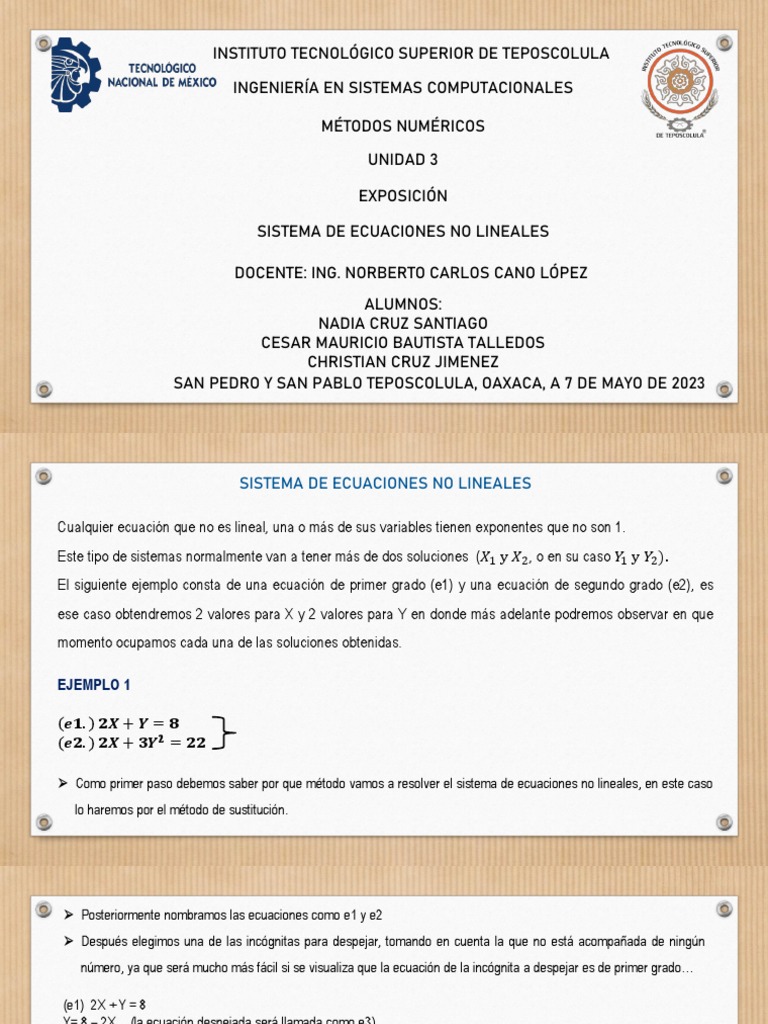 Exposición SISTEMA DE ECUACIONES NO LINEALES | PDF | Ecuaciones | Sistema de ecuaciones lineales