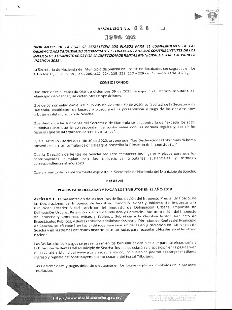 RESOLUCI N No. 026 Del 19 de Diciembre de 2022 (CALENDARIO TRIBUTARIO 2023) - 589 | PDF