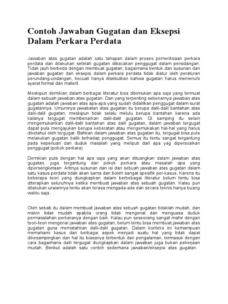 Contoh Jawaban Gugatan Dan Eksepsi Dalam Perkara Perdata | PDF | Hukum