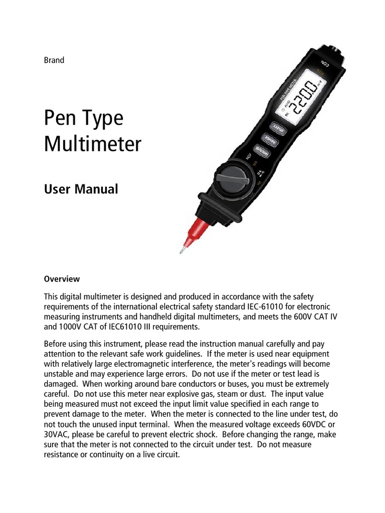 Pen Type Multimeter User Manual | PDF | Capacitor | Switch