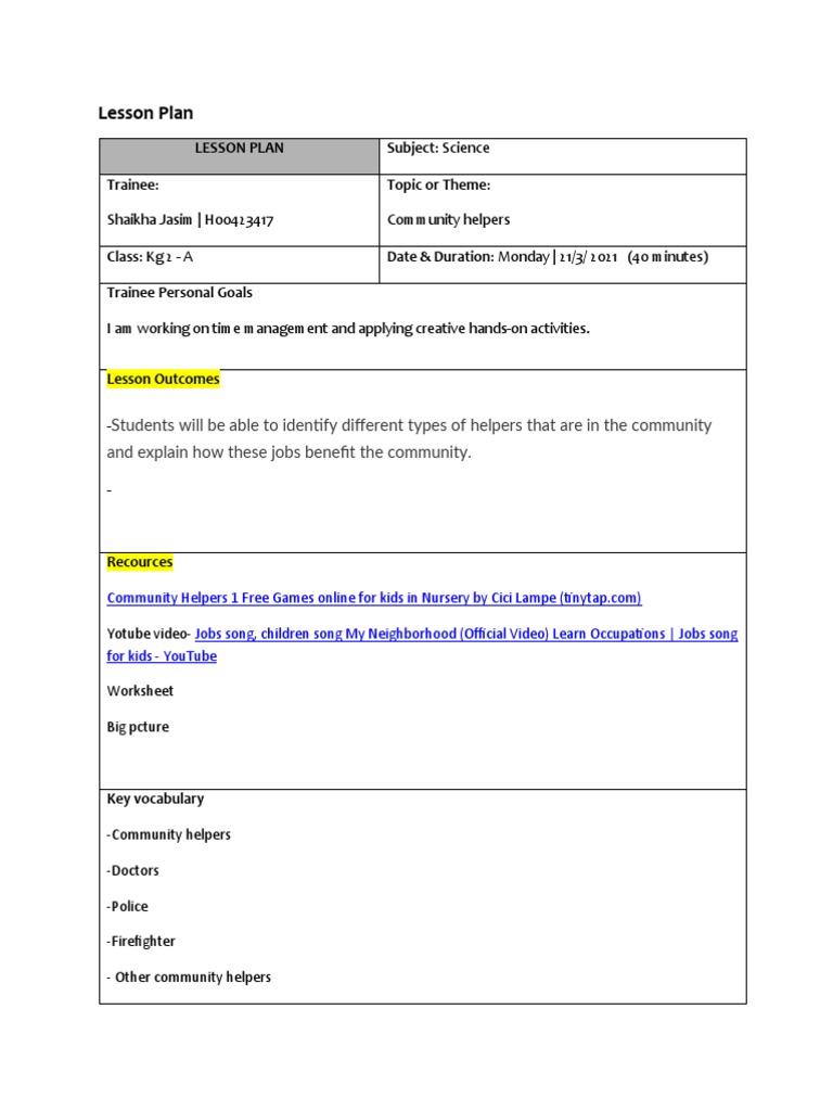 Lesson Plan Community Helpers | PDF | Cognitive Psychology | Education ...