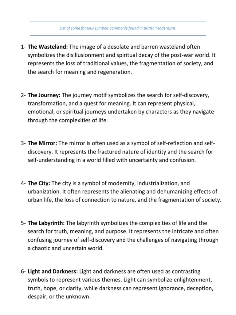 List of Some Famous Symbols Commonly Found in British Modernism | PDF