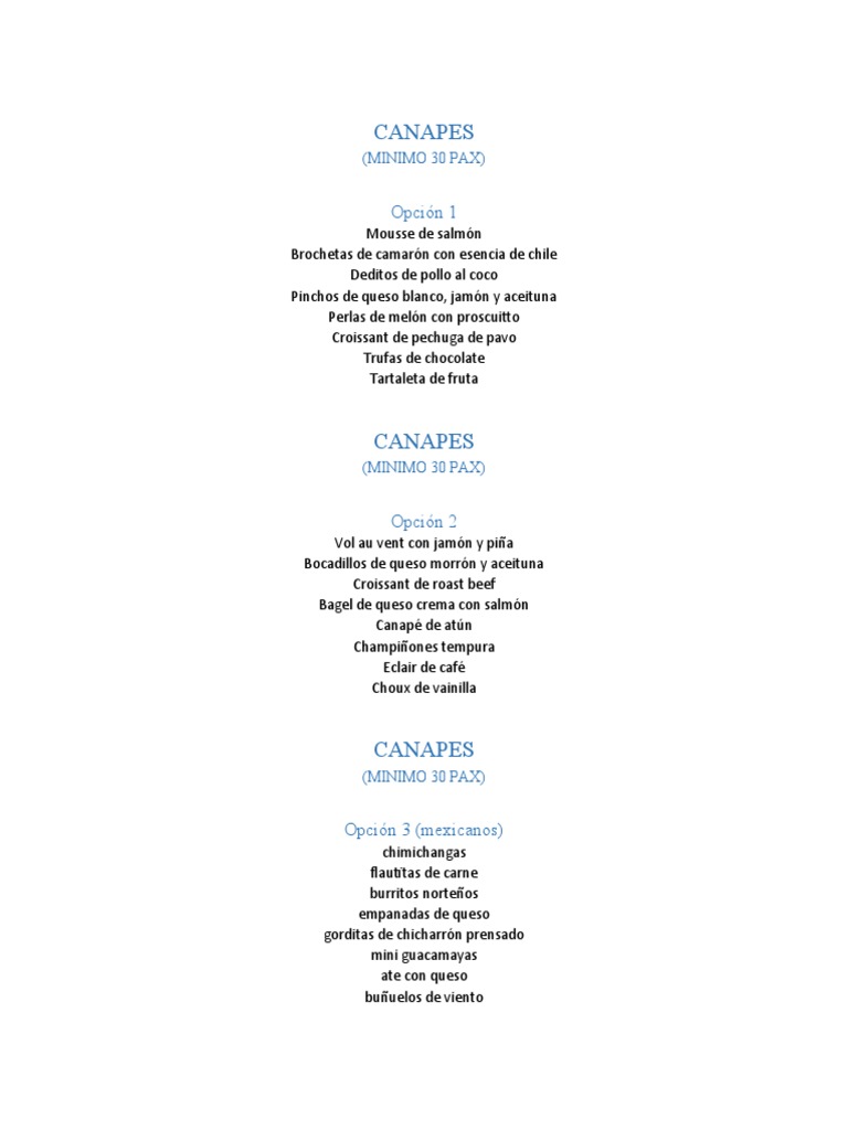 Menú de canapés para eventos de 30 personas o más | PDF