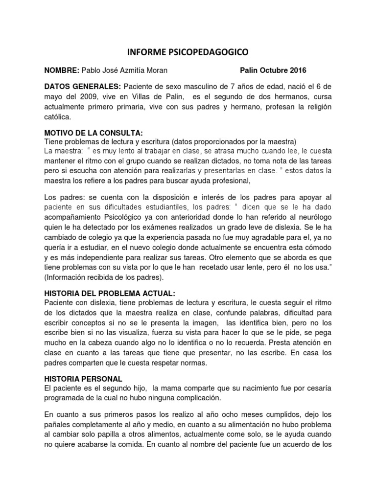 Informe Psicopedagogico | PDF | Aprendizaje | Educación de la primera infancia