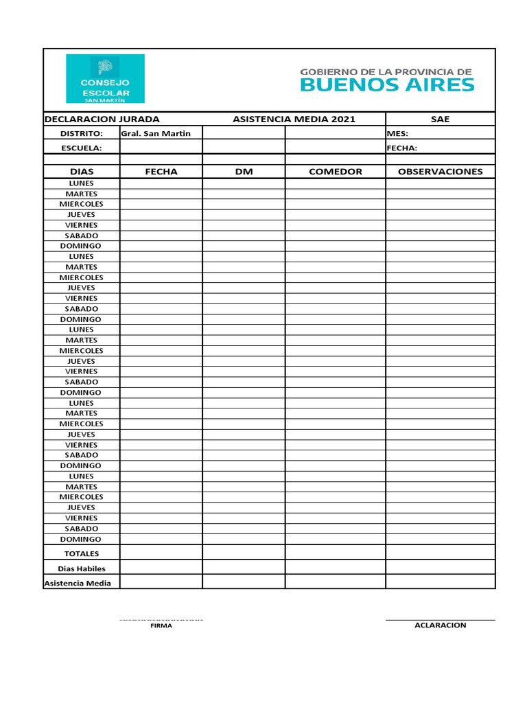Planilla Modelo de Asistencia Media 2021 | PDF