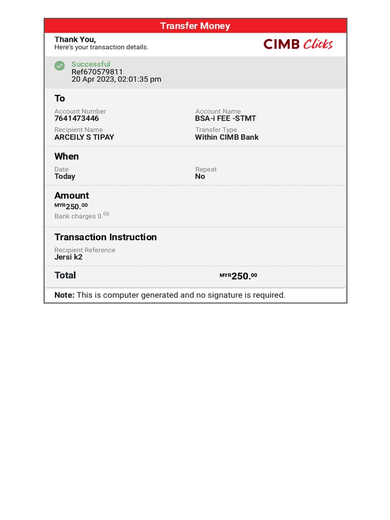 Transaction details for a MYR250 transfer within CIMB Bank to account ...