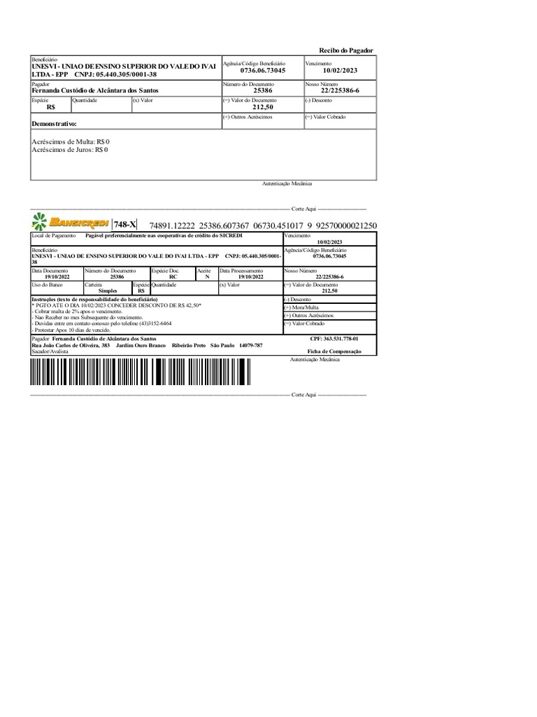 Recibo de pagamento de mensalidade escolar vencida em 10 de fevereiro ...