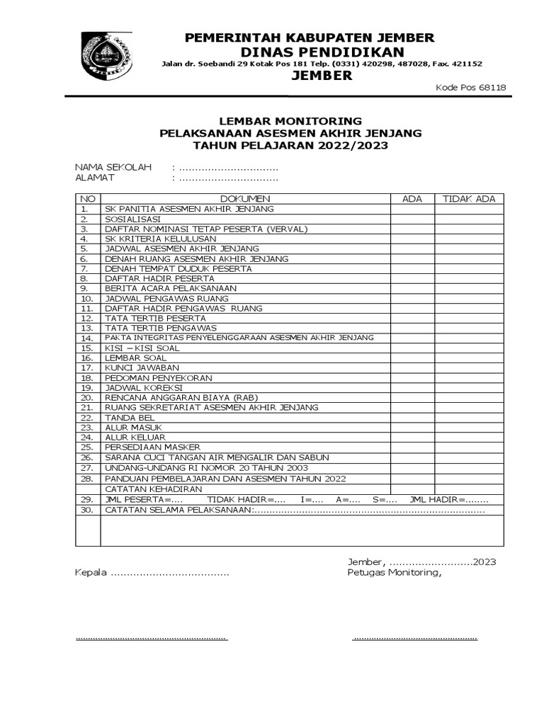 Lembar Monev Ujian Sekolah Tahun 2023 | PDF