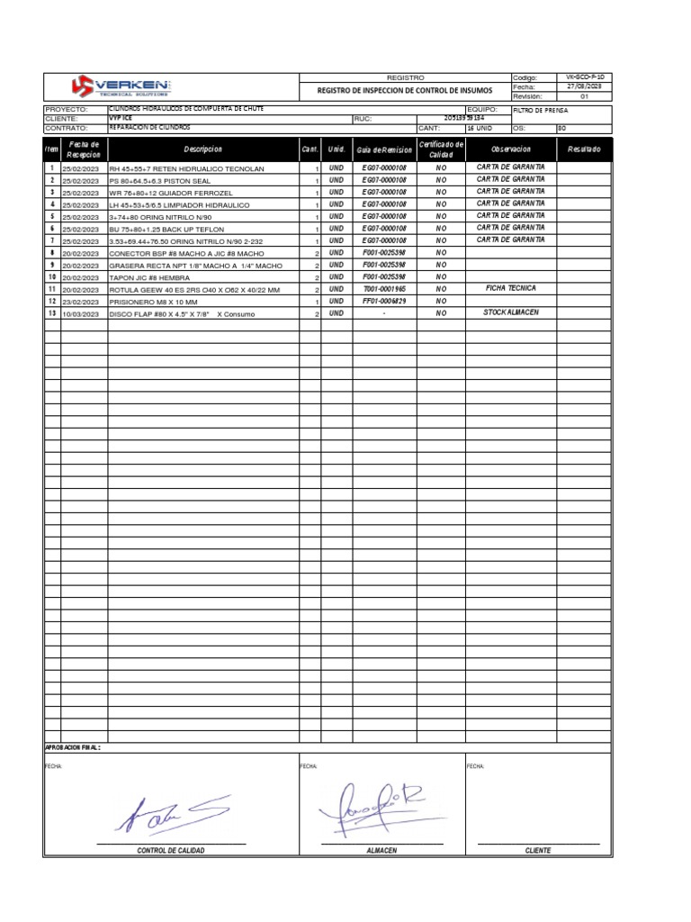 Vk-Gco-F-10 Registro de Inspección de Control de Insumos 4. | PDF