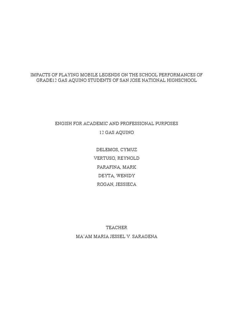 Impacts of Playing Mobile Legends On The School Performances of Grade12 ...