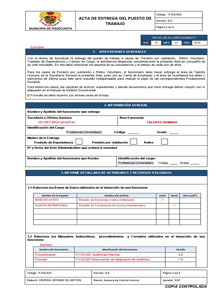 F Cig 023 Acta de Entrega Del Puesto de Trabajo | PDF | Jubilación ...