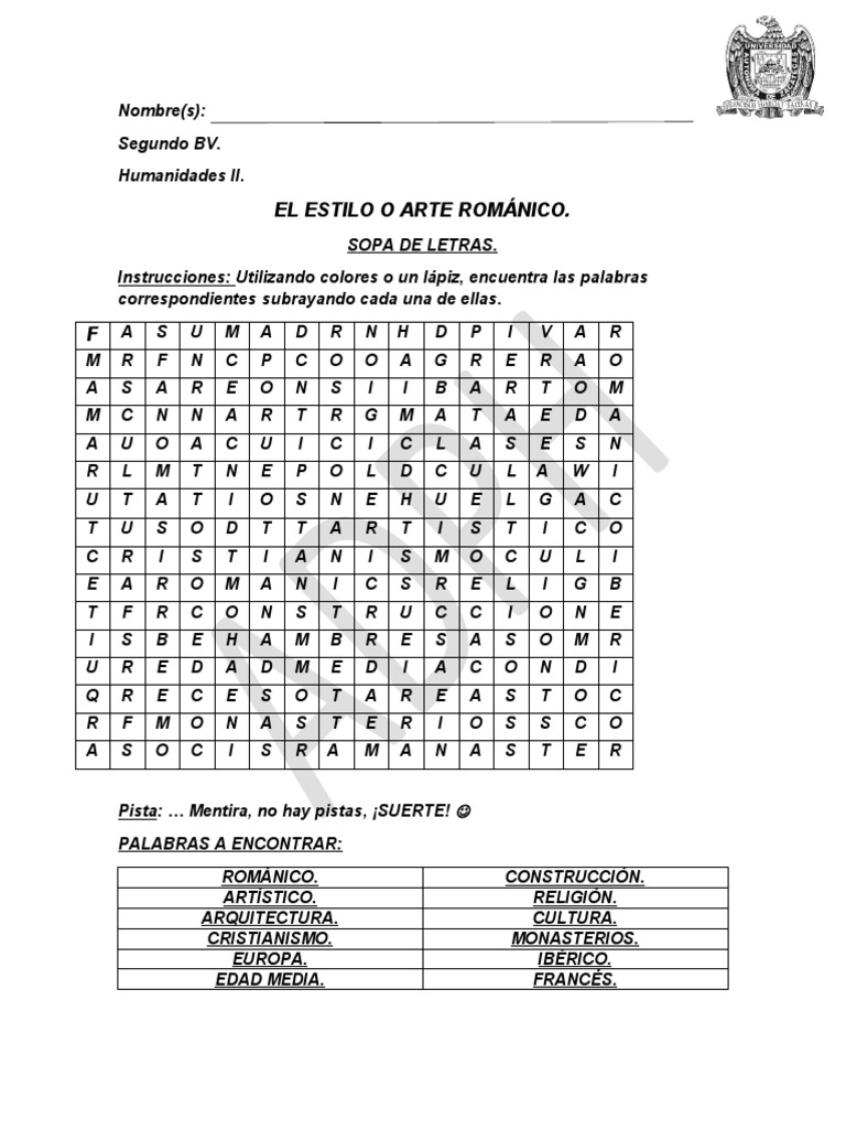 Sopa de Letras ARTE ROMÁNICO | PDF