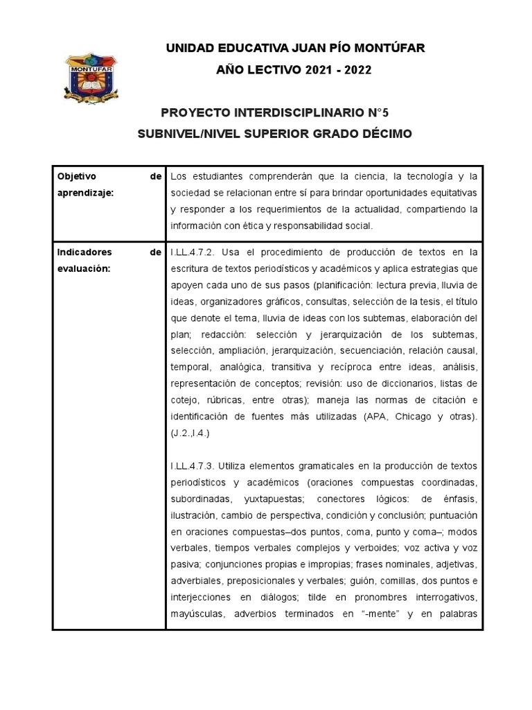 Decimo Proyecto Interdisciplinario 5 | PDF | Oración (Lingüística) | Adverbio