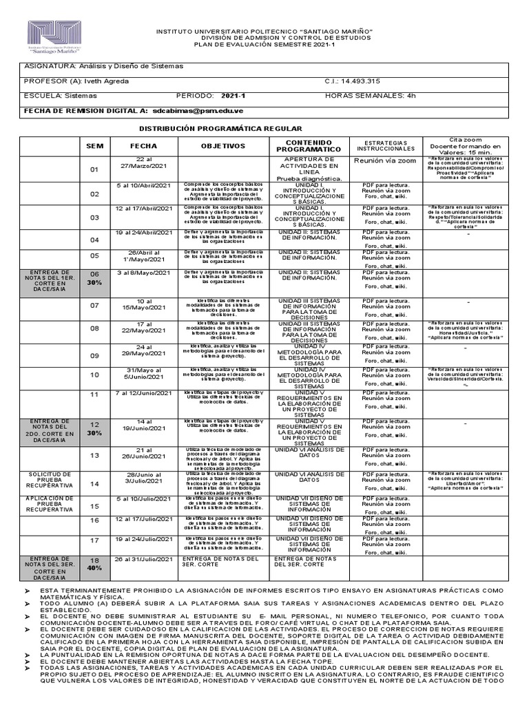 PLAN DE EVALUACION 2021-1 Analisis y Diseño de Sistemas | PDF ... PLAN DE EVALUACION 2021-1 Analisis y Diseño de Sistemas | PDF ...