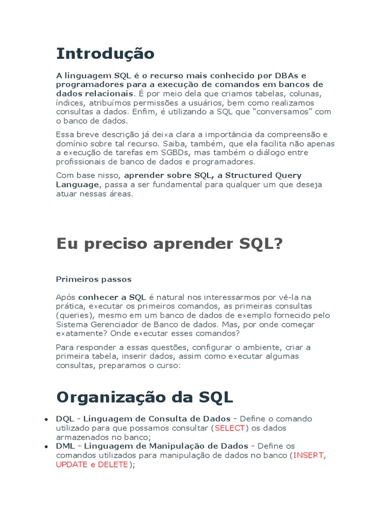Aula 1 Introdução Ao Sql Pdf Sql Recuperação De Informação