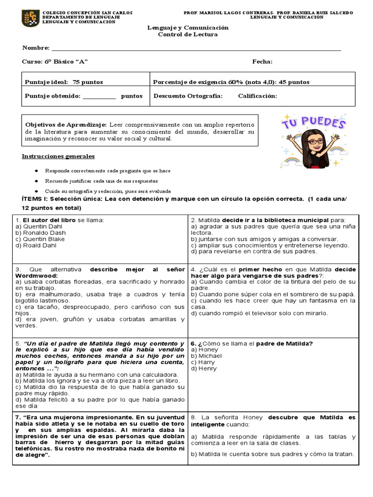 Control de Lectura Matilda 6 Básico | PDF