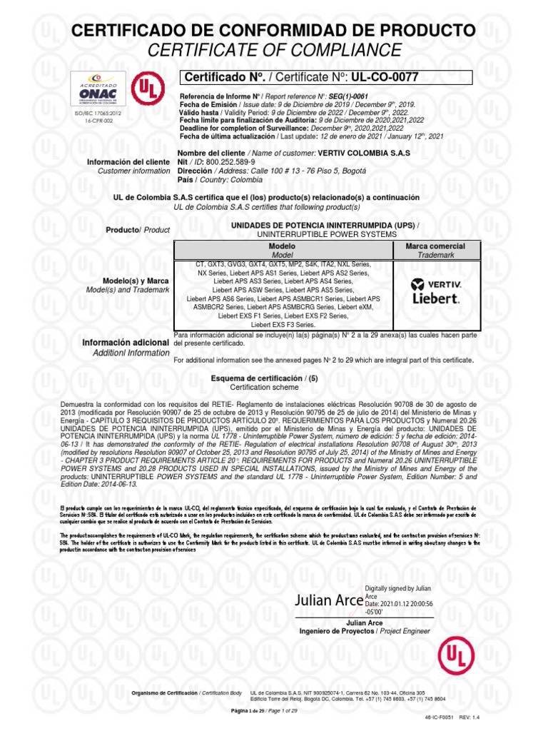 Certificado Ul Co 0077 Ups Retie Vertiv Sicerco 2021 | PDF | Infraestructura | Ingeniería de ...
