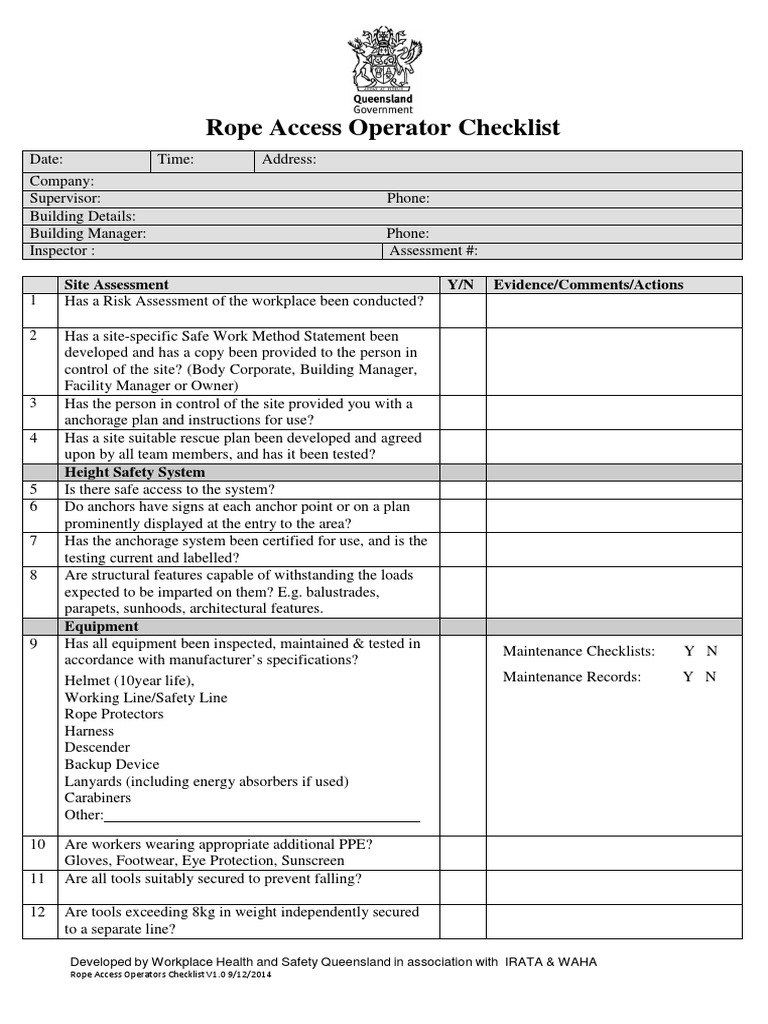 Rope Access Operator Checklist V2.0 | PDF | Rope | Occupational Safety And Health