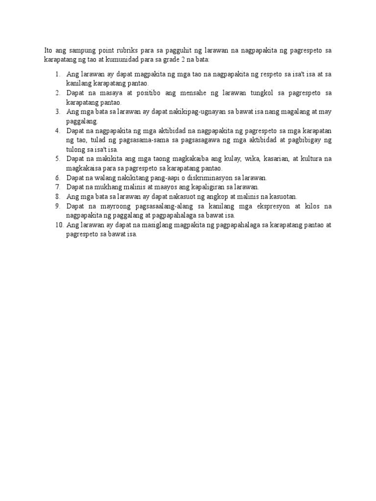 Ito Ang Sampung Point Rubriks para Sa Pagguhit NG Larawan Na ...