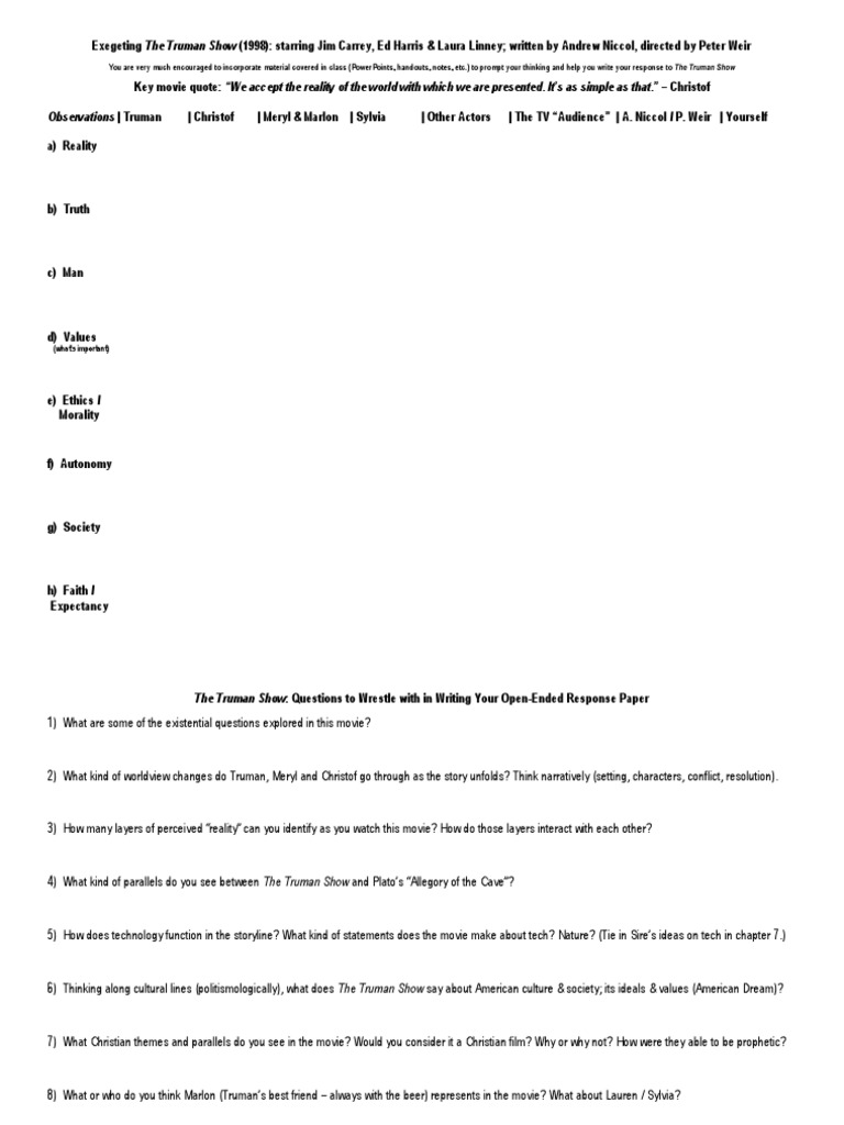 The Truman Show Worksheet | PDF | Metaphysics | Philosophical Theories