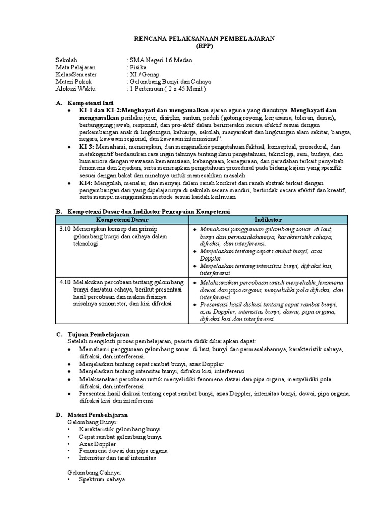 RPP Fisika: Gelombang Bunyi dan Cahaya | PDF