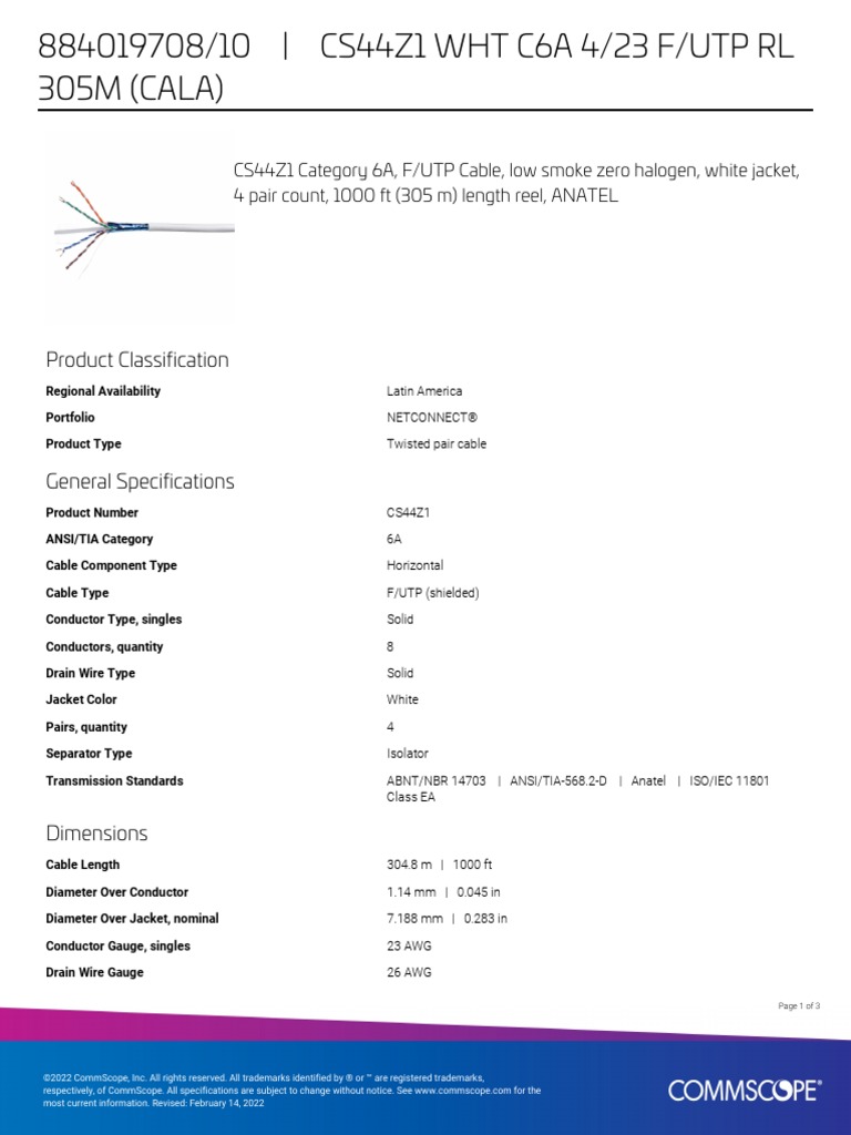 Commscope - cs44z1 WHT C6a 4 - 23 F - Utp RL 305m | PDF | Materials Science | Electric Power