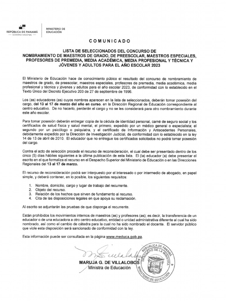 Comunicado de Seleccionados (Maestros, Preescolar, Maestros Especiales, Premedia, Media ...