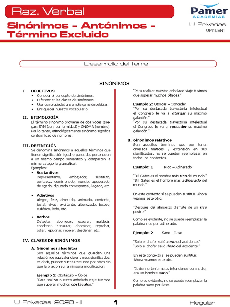 RAZ - VERBAL - A - Sin, Ant, Term Exclu | PDF | Palabra | Sustantivo