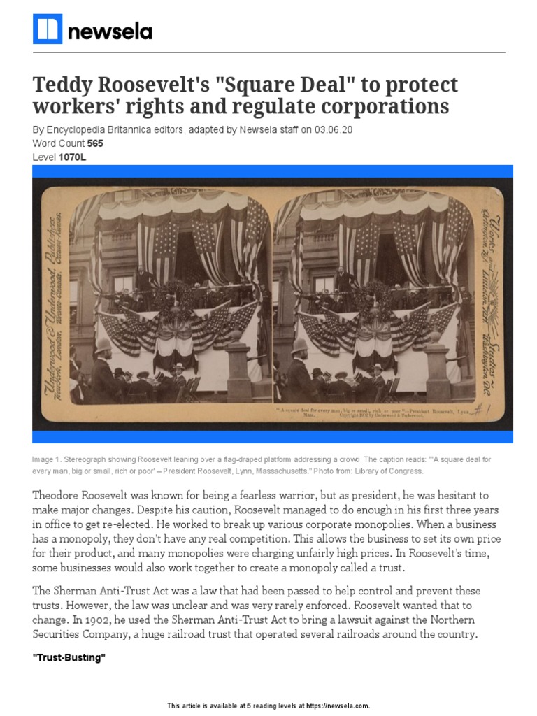 Newsela Square-Deal-Theodore-Roosevelt Article and Quiz | PDF