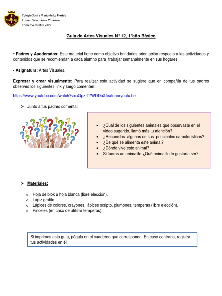 1° Básico Artes Visuales Guía 12. Profesoras Primero Básico | PDF | Lápiz