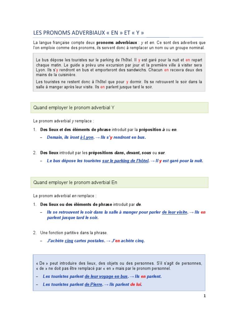 Les Pronoms Adverbiaux 'En' Et 'Y' | PDF