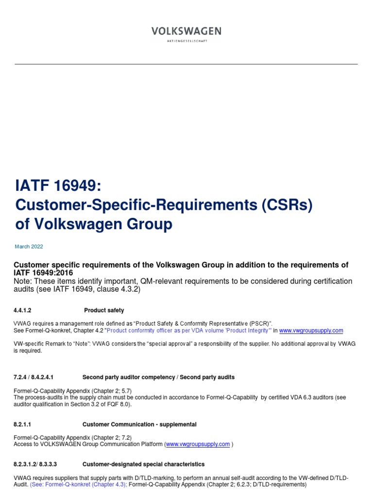 Volkswagen Group Customer Specific Requirements March 2022 1 | PDF ...