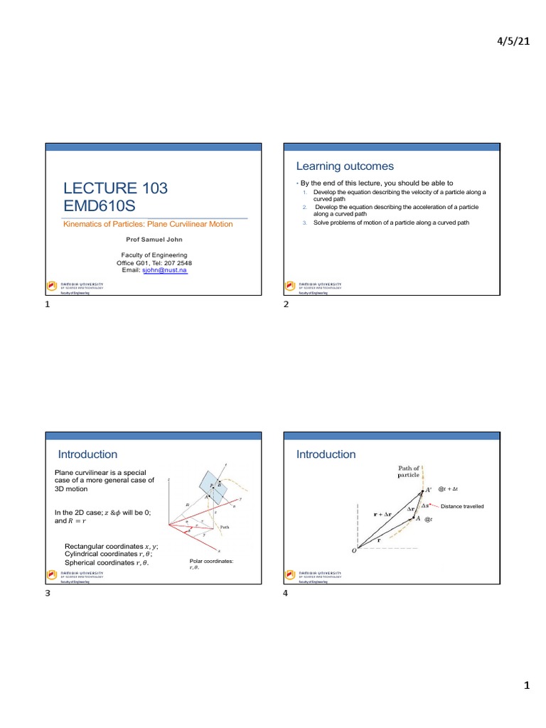 Lecture 103 Plane Curvilinear Motion (Kinematics) | PDF | Velocity | Acceleration