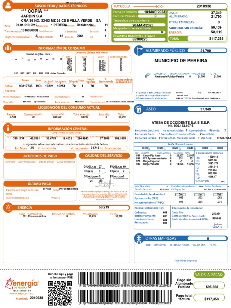 Un reporte de consumo de energía de un cliente residencial que muestra datos de uso mensual ...