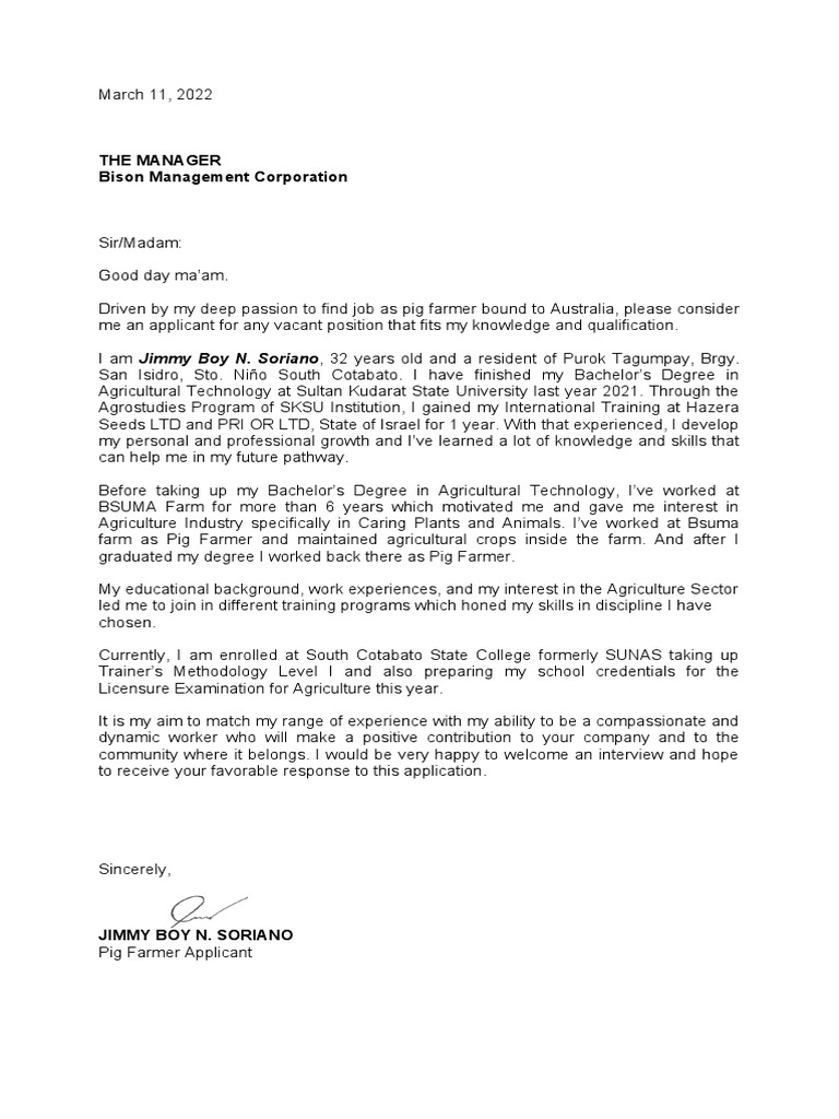 Pig Farmer Application Letter | PDF