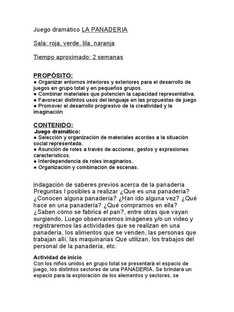 Juego Dramático LA PANADERIA Sala 4 | PDF | Panadería | Evaluación