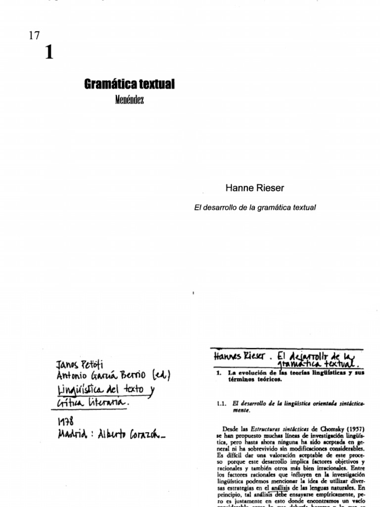 Rieser - El Desarrollo de La Gramatica Textual 17 | PDF