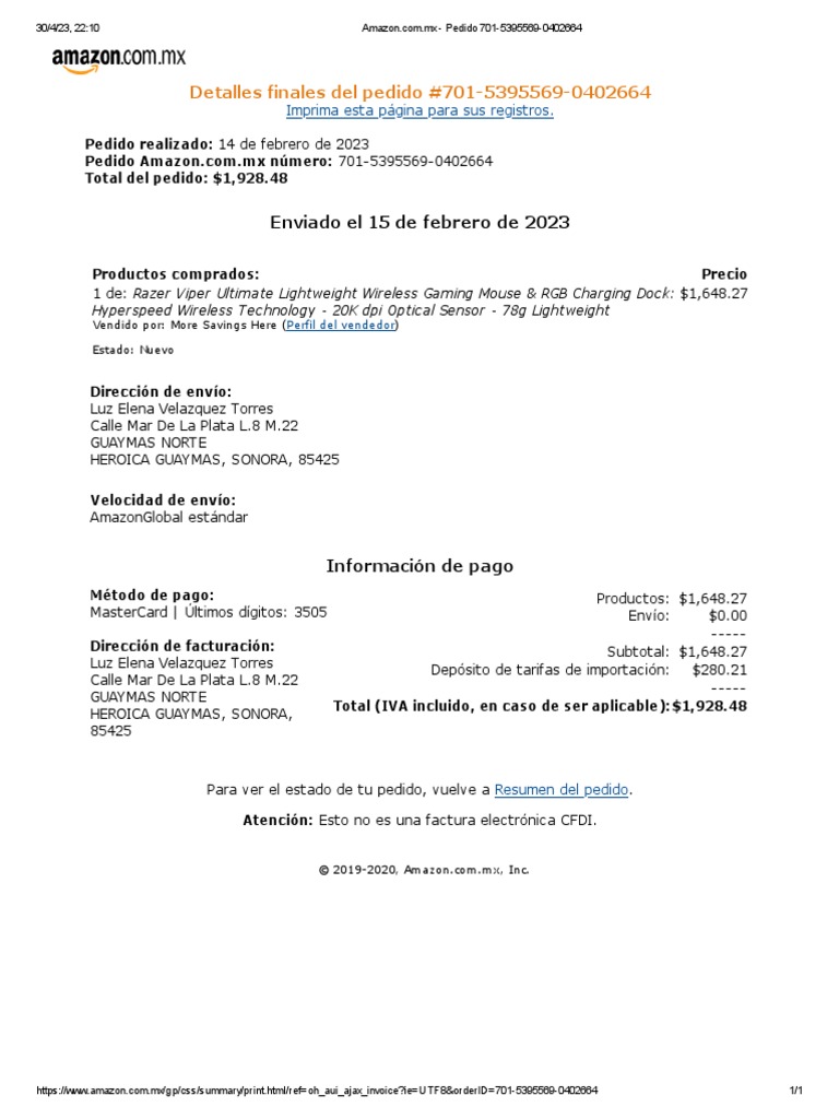 .MX - Pedido 701-5395569-0402664 | PDF | Tecnología bancaria | Pagos