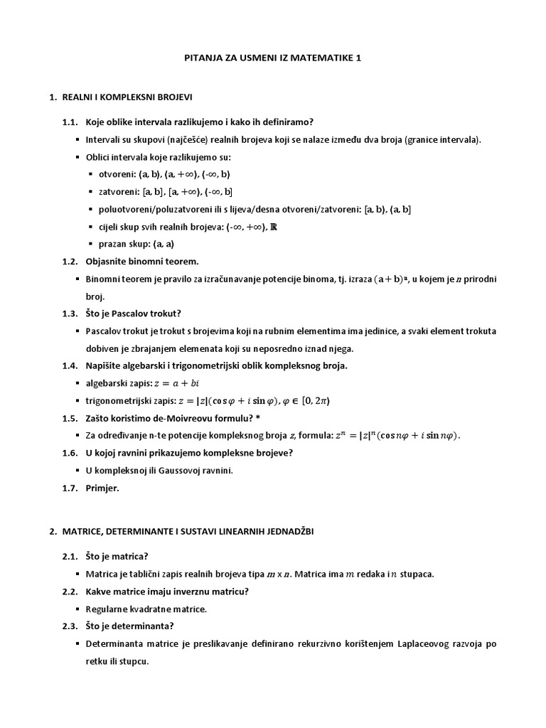Matematika 1 Pitanja I Odgovori | PDF