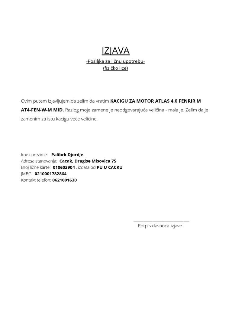 Izjava o Razlogu Vracanja Robe | PDF